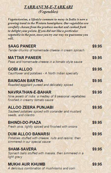 Menu at Shiva restaurant, Houston