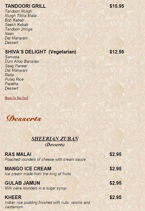 Menu at Shiva restaurant, Houston