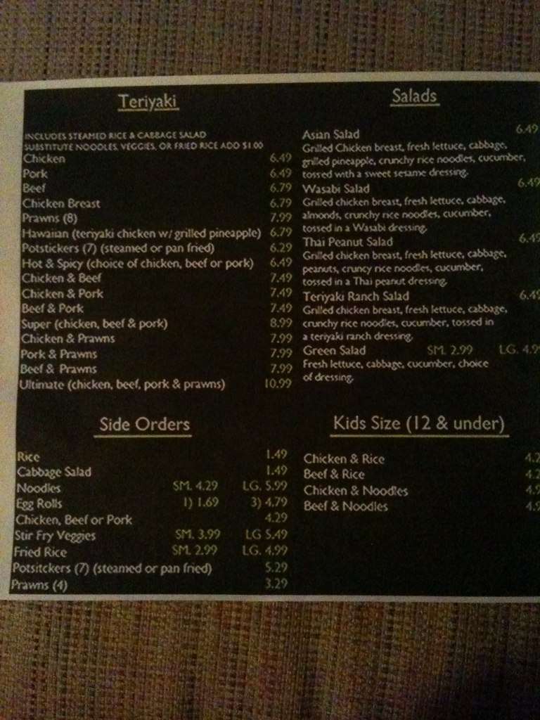 Menu at J's Teriyaki Grill restaurant, Moses Lake