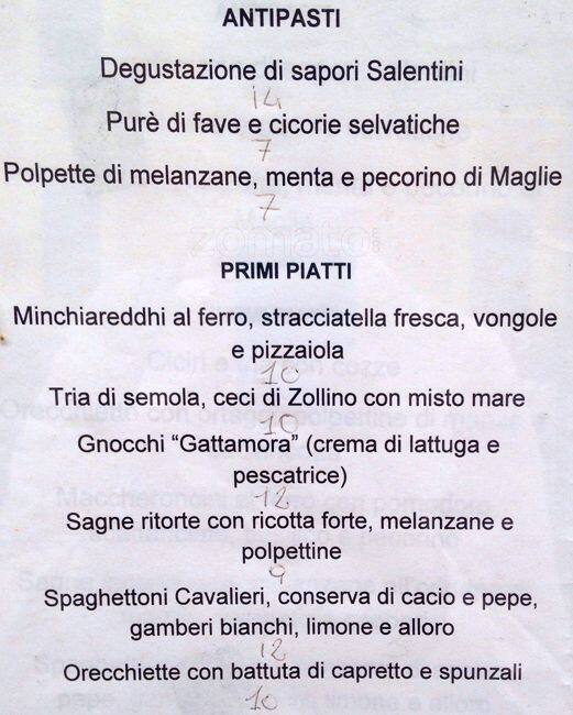 Menu da Il Salento in una Stanza ristorante, Roma