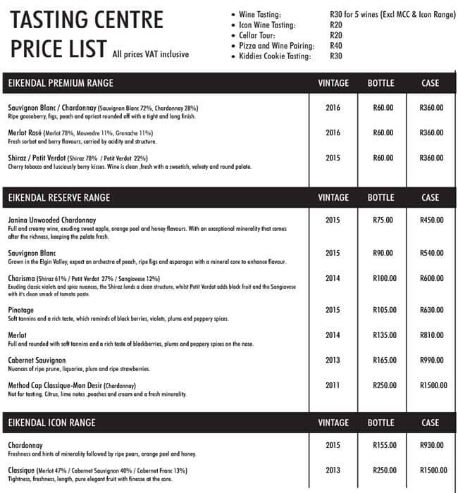 Menu at Eikendal Wine Farm pub & bar, Cape Town