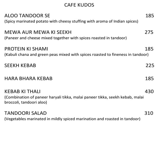 Menu at cafe kudos rooftop, Bhopal