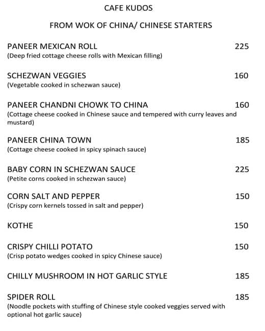 Menu at cafe kudos rooftop, Bhopal