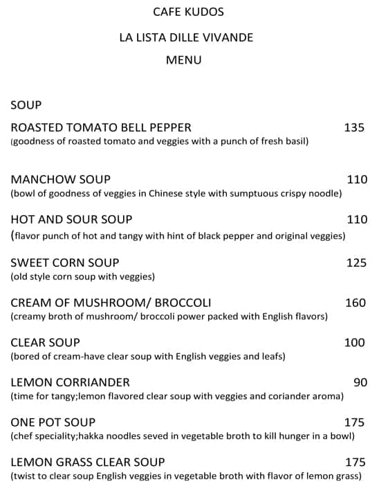 Menu at cafe kudos rooftop, Bhopal