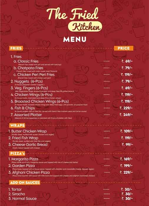 Menu of The Fried Kitchen, Charminar, Hyderabad