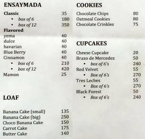 Menu at Mylene's Ensaymada and Banana Cake desserts, Marikina, Rancho ...