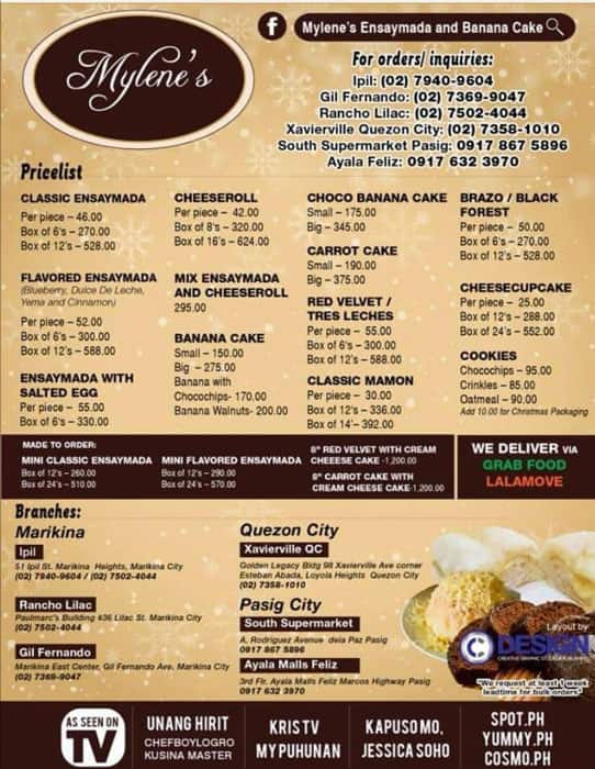 Menu at Mylene's Ensaymada and Banana Cake desserts, Marikina, Rancho ...