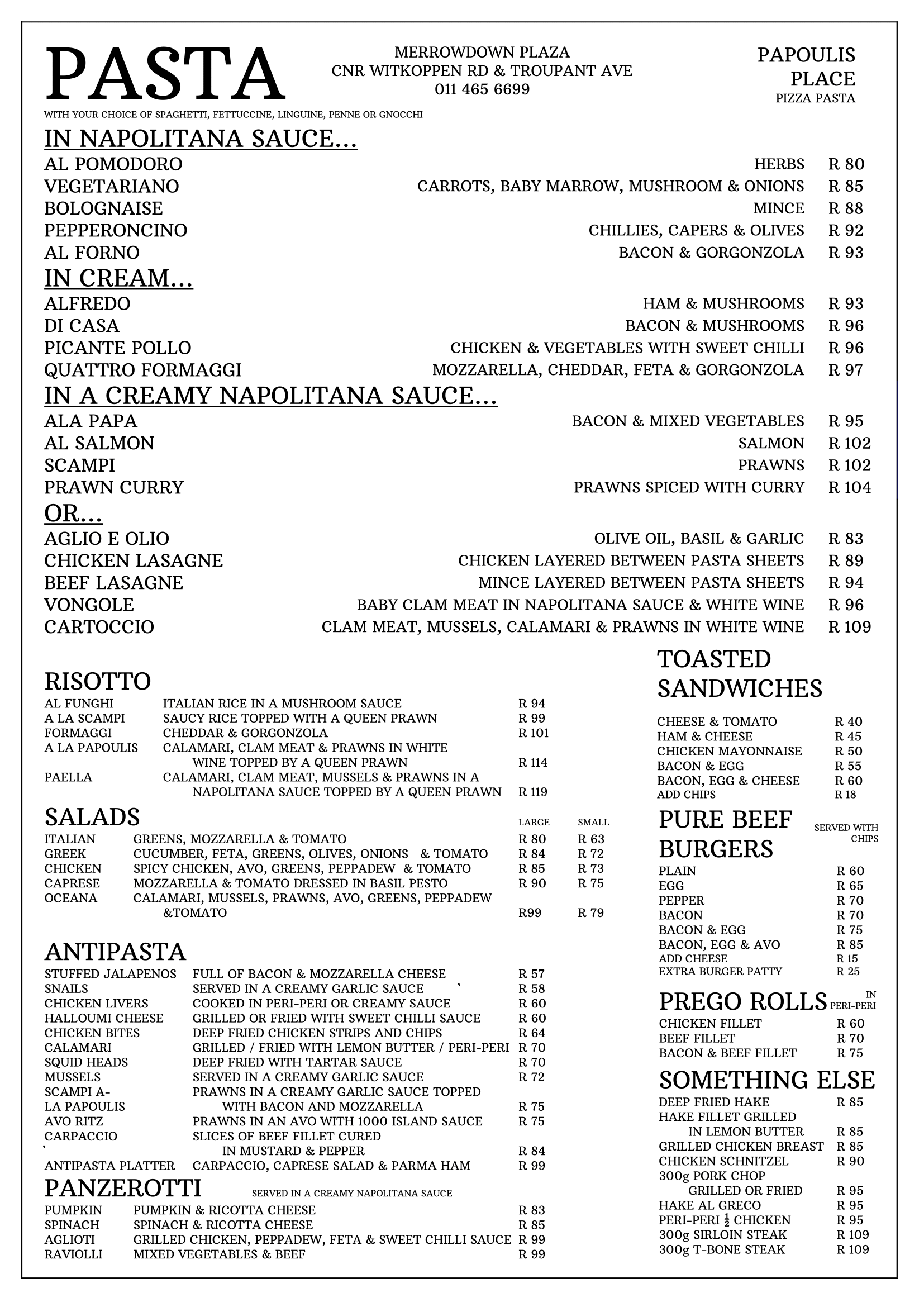 Menu at Papoulis Place restaurant, Sandton, Merrow Down Plaza Corner ...