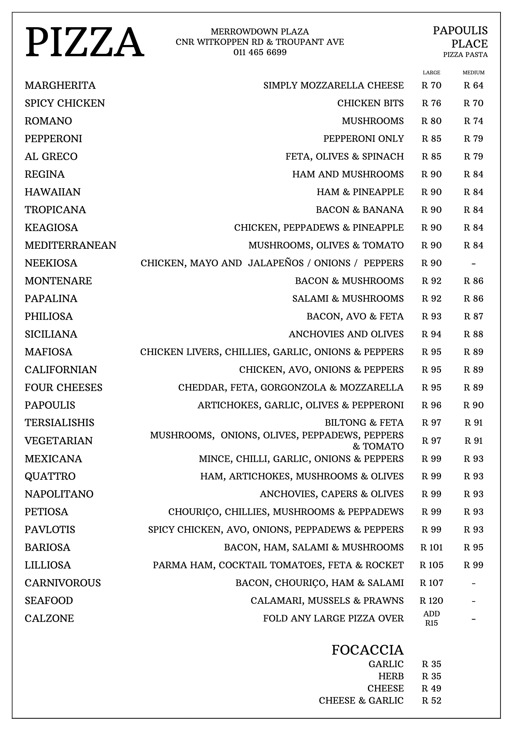 Menu at Papoulis Place restaurant, Sandton, Merrow Down Plaza Corner ...