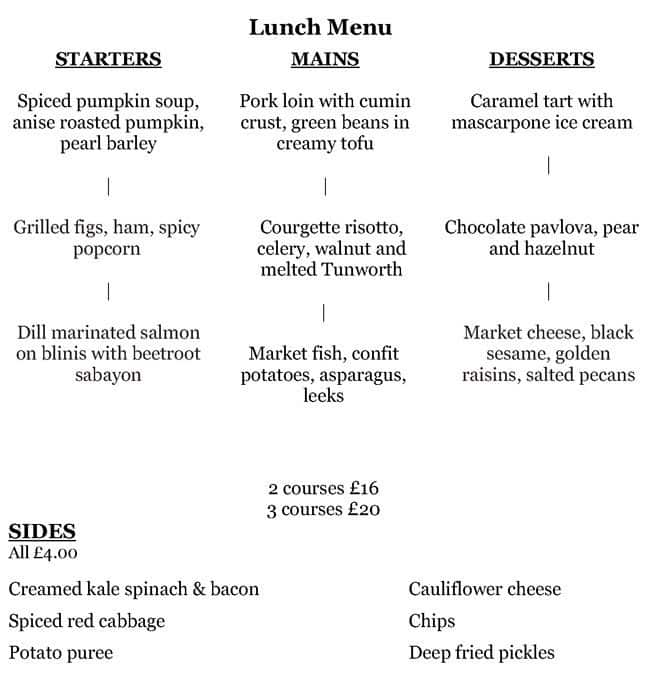 Menu at The Midland restaurant, Manchester