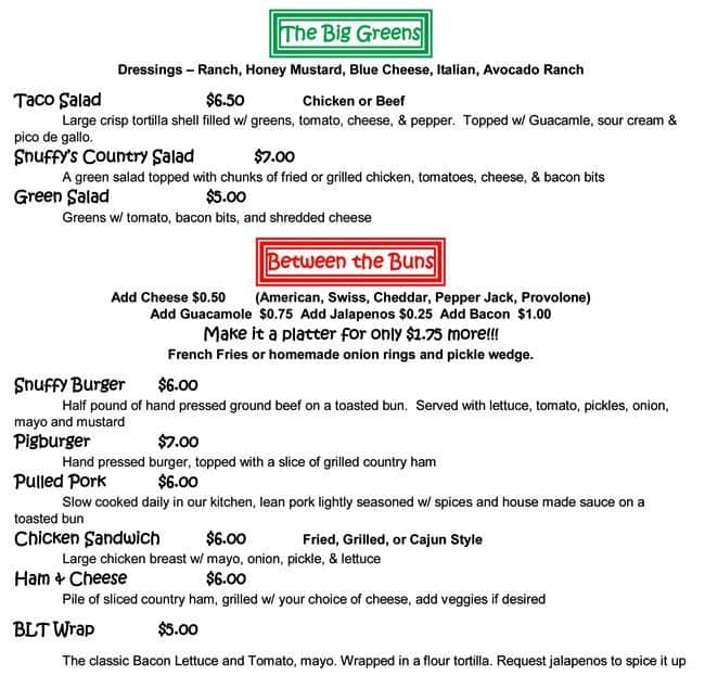 Menu at Snuffy's Bar & Grill, Hutto