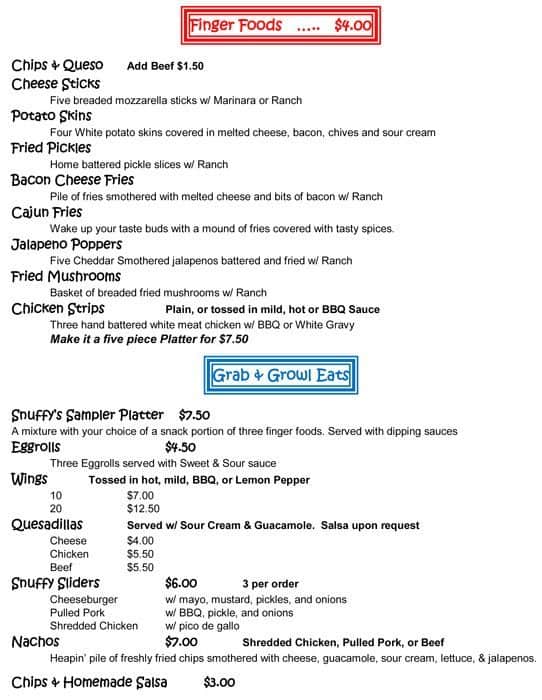 Menu at Snuffy's Bar & Grill, Hutto
