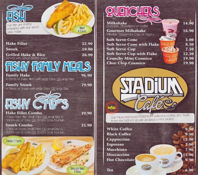 Menu at Stadium Fast Food, Bloemfontein, 171 Zastron St