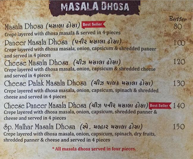 Menu at Malhar Dhosa, Surat, Krishna Shopping Center