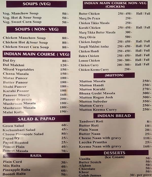 Menu of Olivia Restaurant, Ranjit Avenue, Amritsar