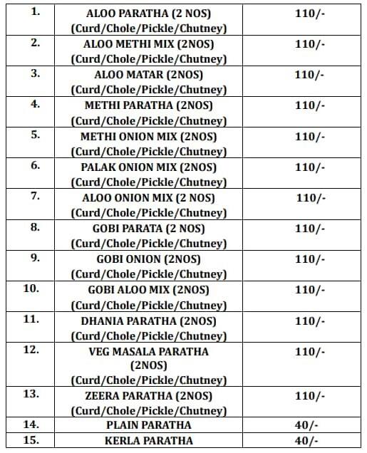 Menu of Delhi Paratha Centre, Thippasandra, Bangalore