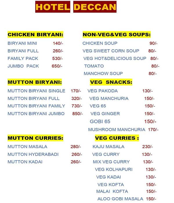 Menu of Hotel Deccan, Mallapur, Secunderabad