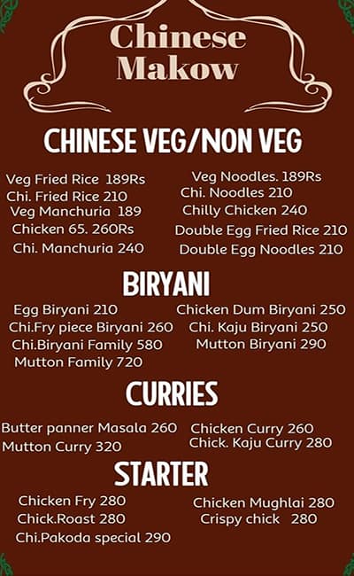 Menu of Chinese Makow, Nizampet, Hyderabad