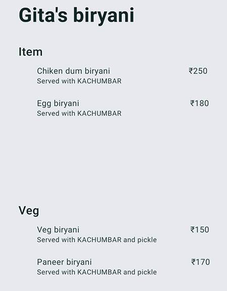 Menu of Gita Biryani, Chinchwad, Pune