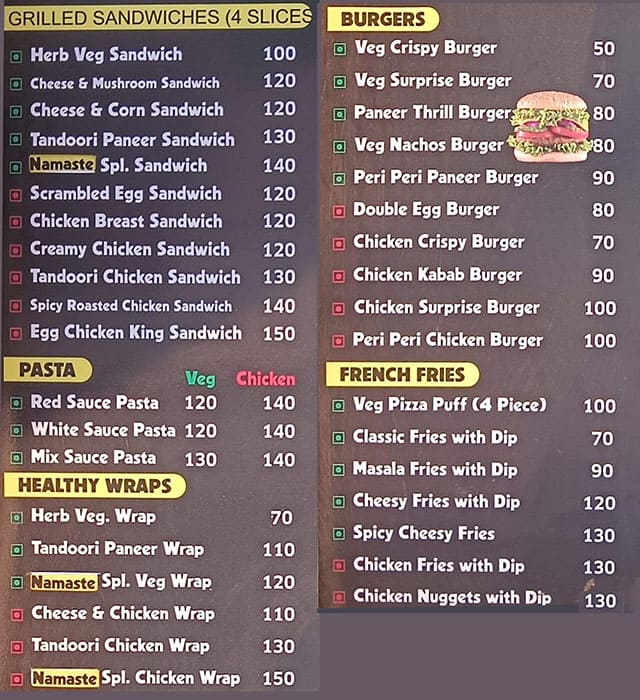 Menu of Namaste Cafe, Khora Colony, Noida