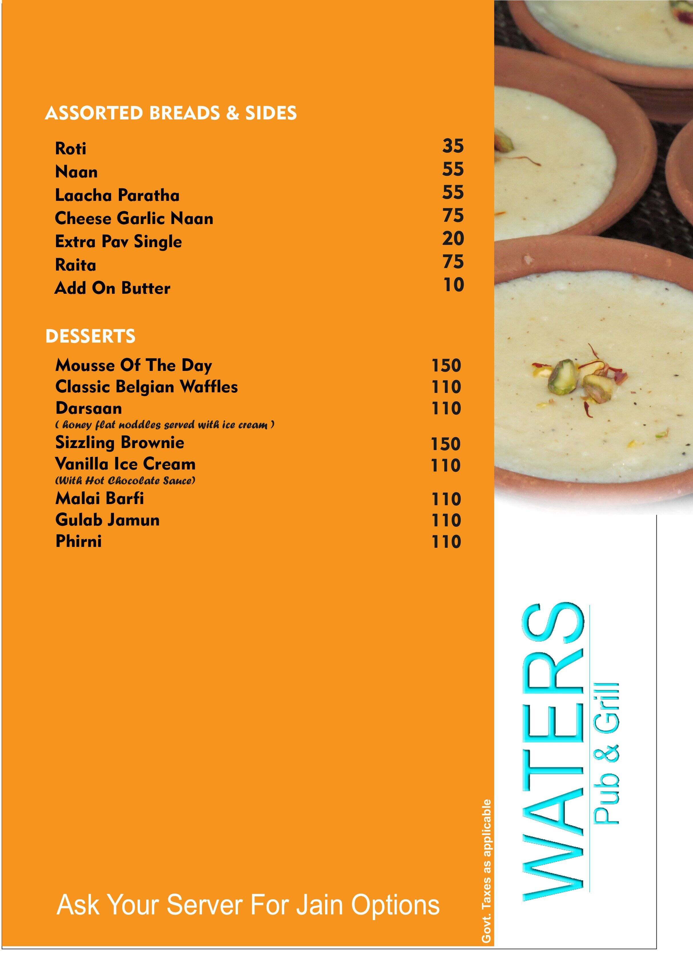 Menu at Waters, Mumbai