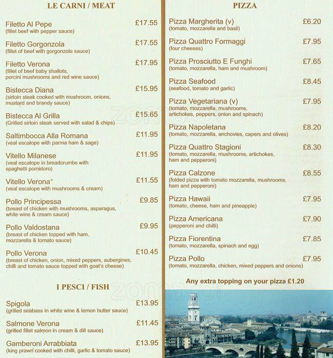 Menu at Verona restaurant, Morden, Morden Court Parade