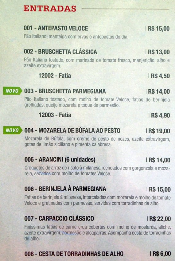 Menu em Veloce Lago Sul restaurante, Brasília, Shis Qi 11