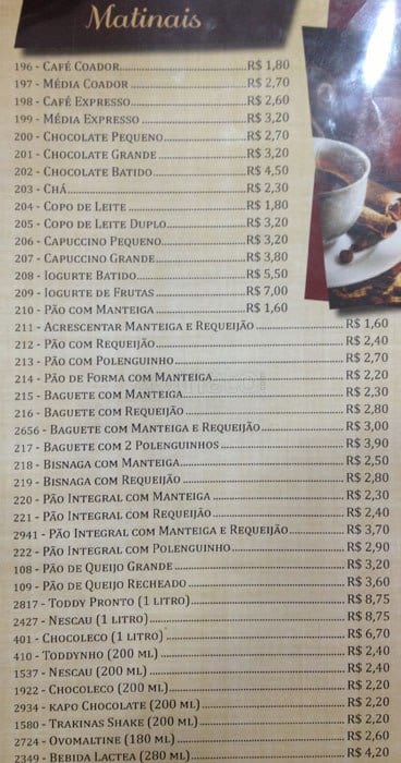 Menu at Arte do Pão, São Paulo