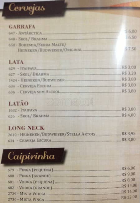 Menu at Arte do Pão, São Paulo