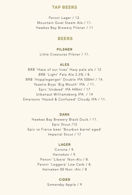 Menu at Vivace pub & bar, Auckland