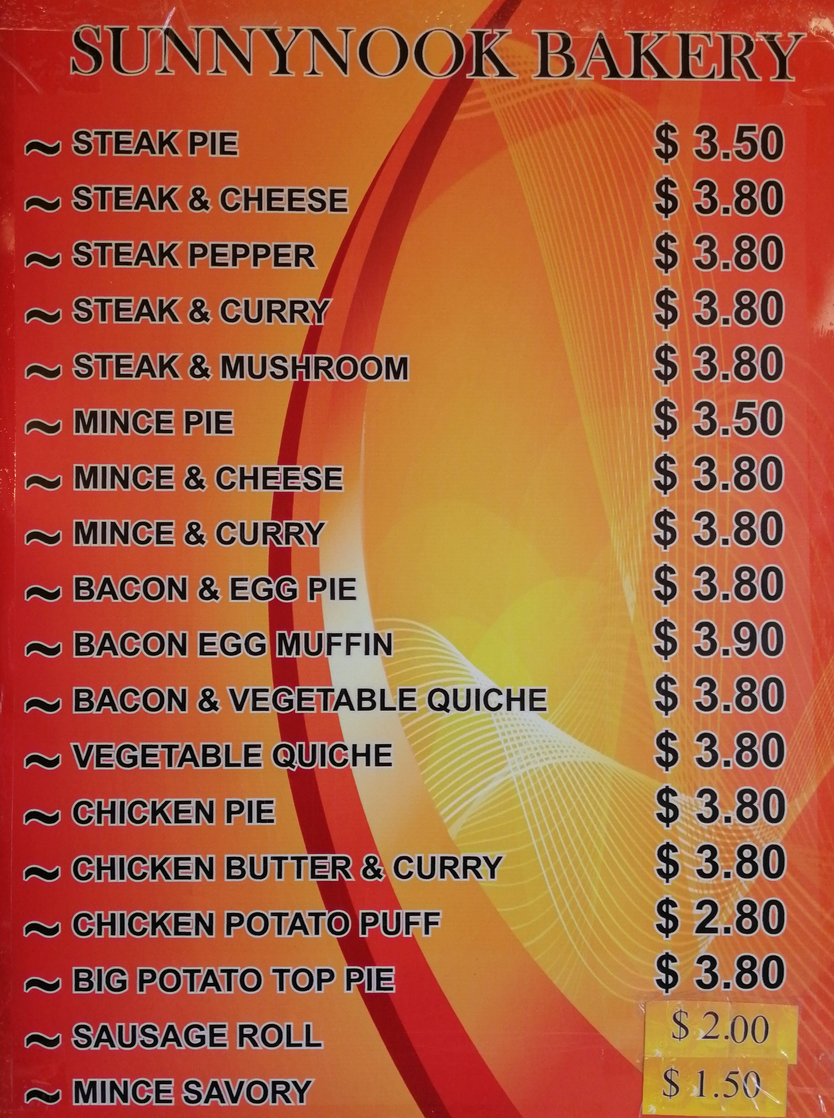Menu at Sunnynook Bakery, Auckland