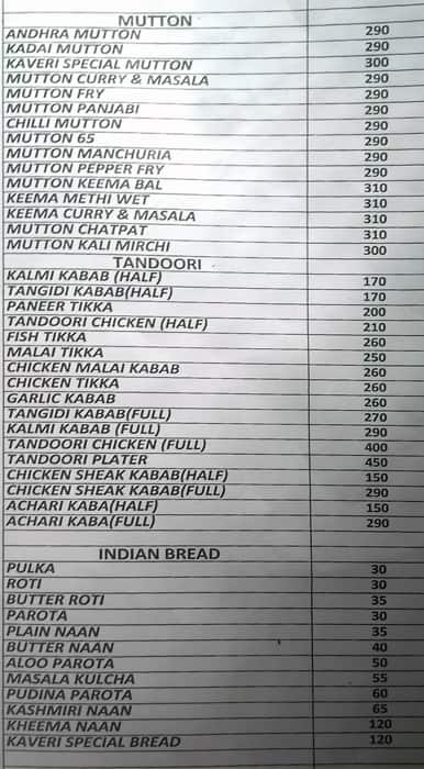 Menu at Kaveri Restaurant and Bar, Hyderabad, Hydernagar