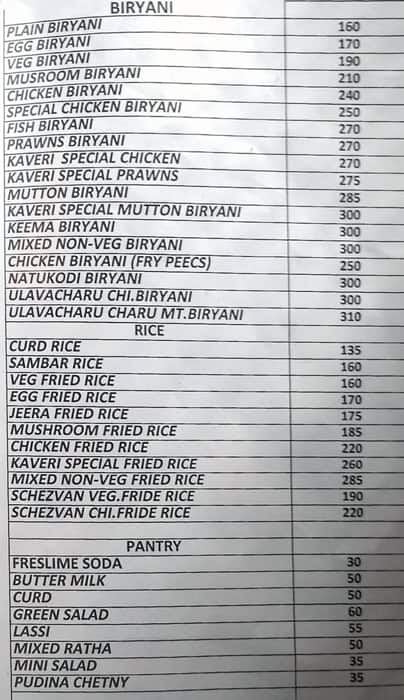 Menu at Kaveri Restaurant and Bar, Hyderabad, Hydernagar