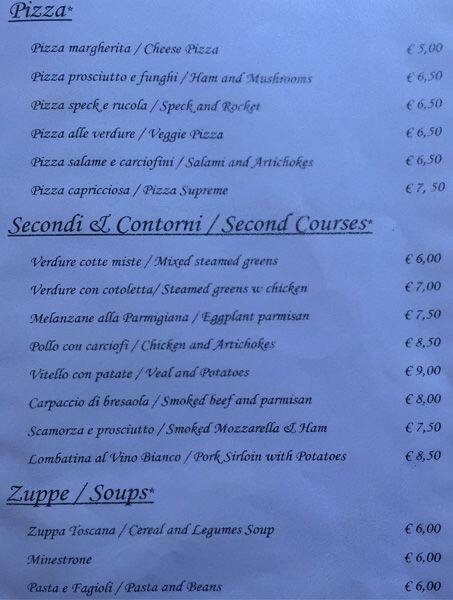 Menu at Papa's Cafè cafe, Rome