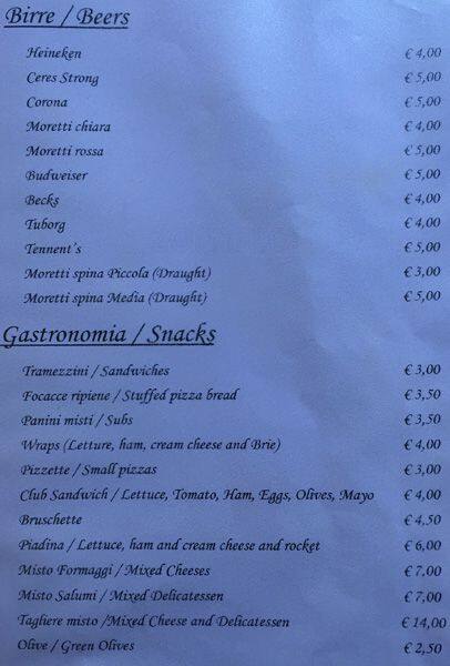 Menu at Papa's Cafè cafe, Rome
