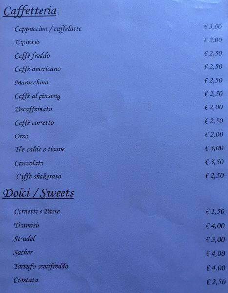 Menu at Papa's Cafè cafe, Rome