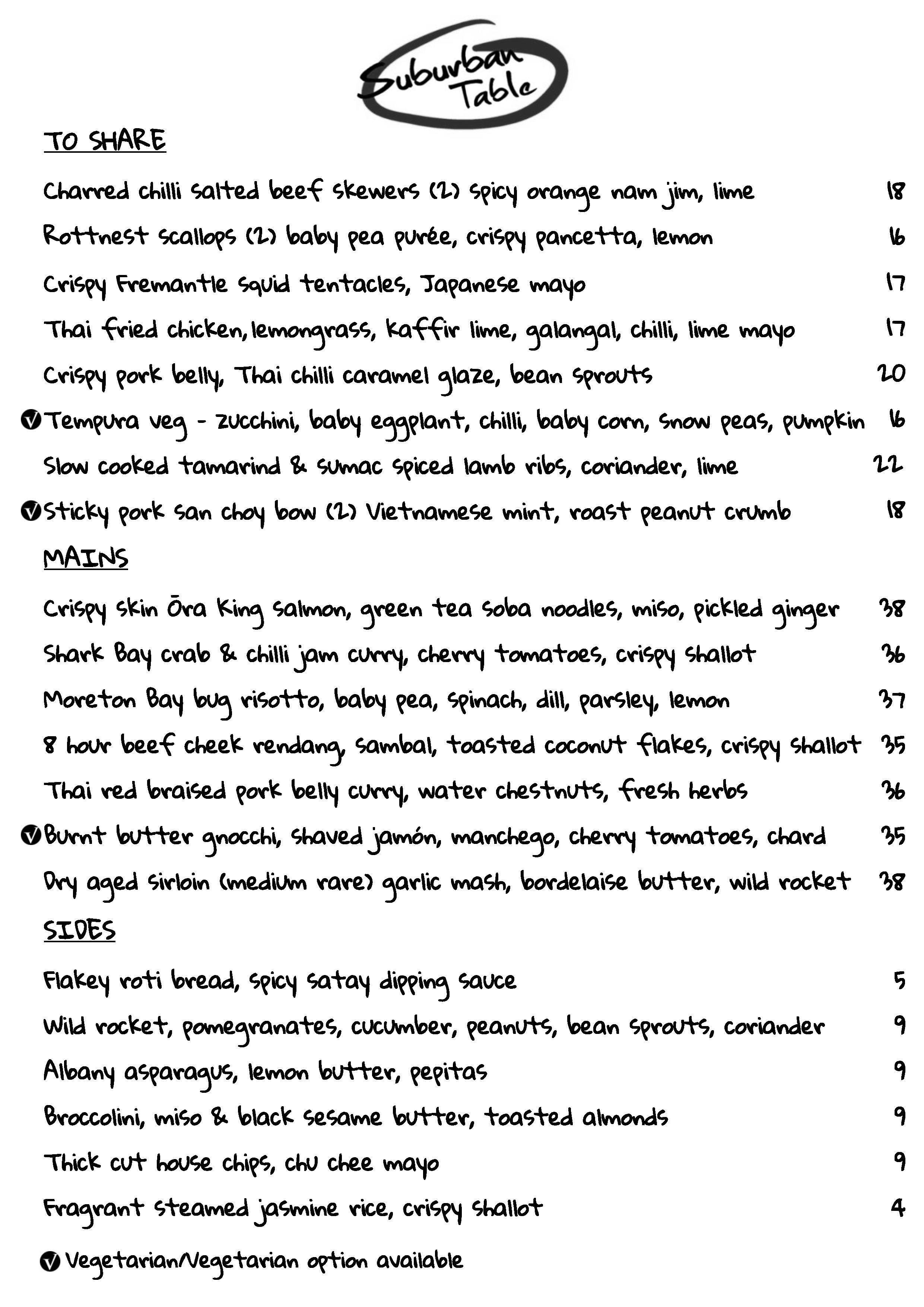 Menu at Suburban Table restaurant, Peppermint Grove