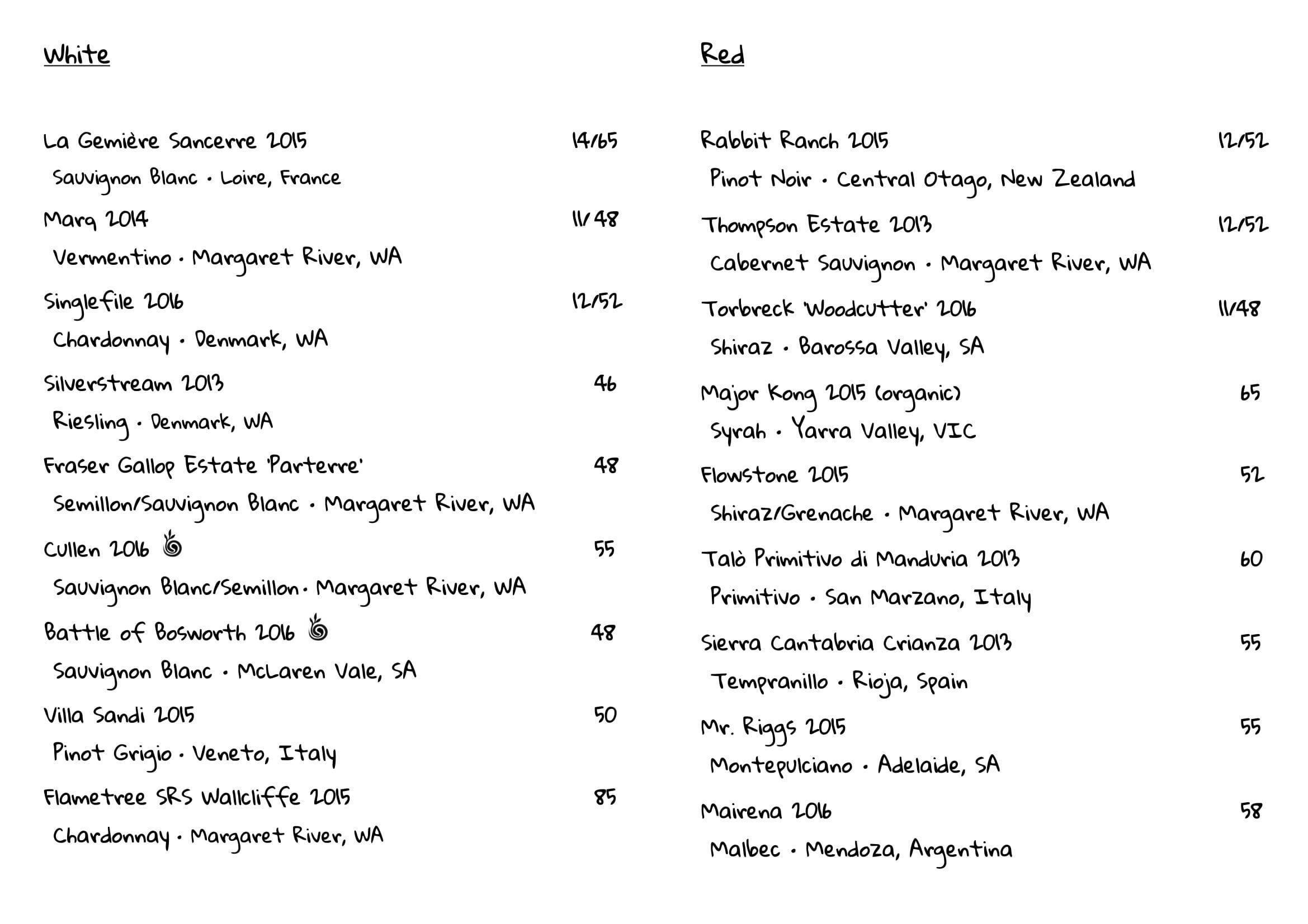 Menu at Suburban Table restaurant, Peppermint Grove