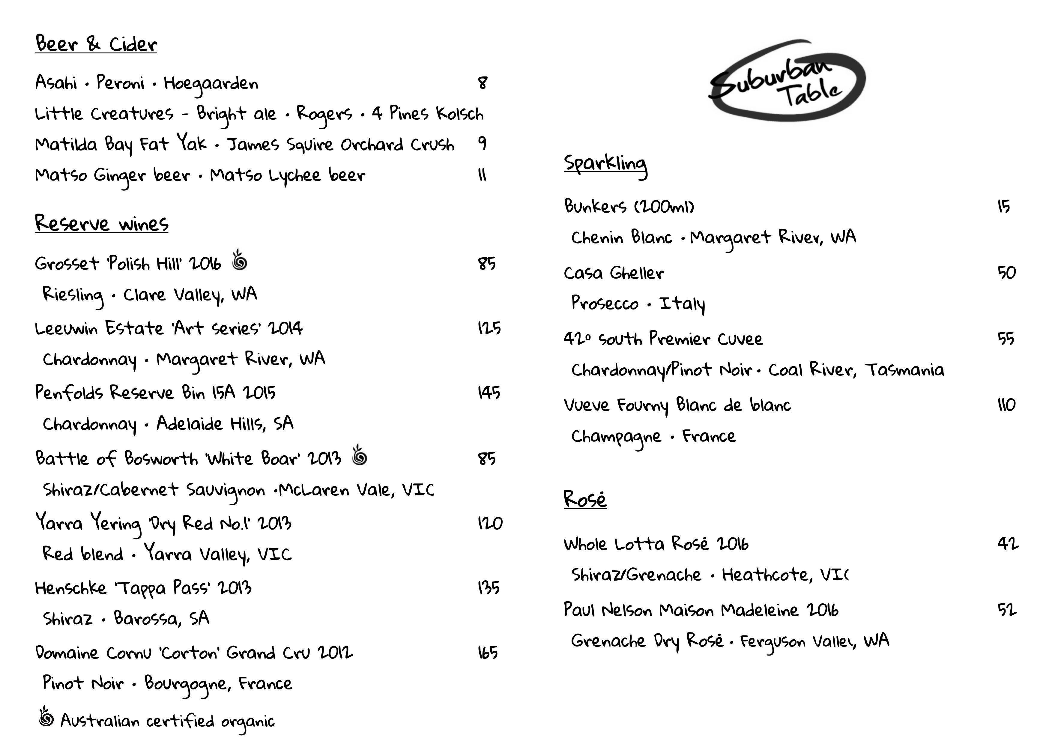 Menu at Suburban Table restaurant, Peppermint Grove