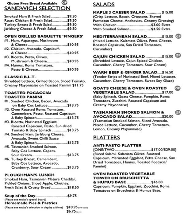 Menu at Maple 3 Cafe, Maleny