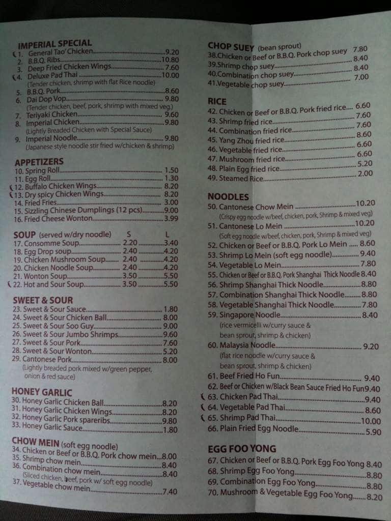 Menu at Imperial Kitchen restaurant, Orangeville