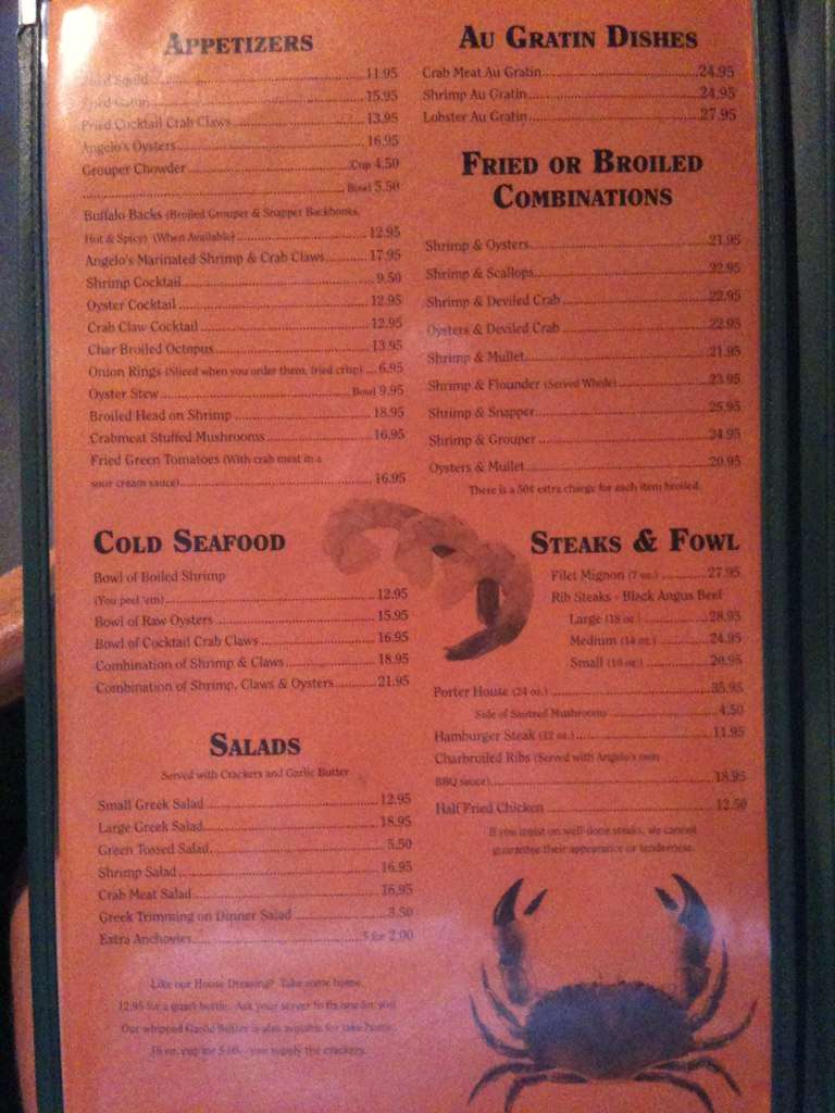 Menu at Angelo's Seafood Restaurant, USA