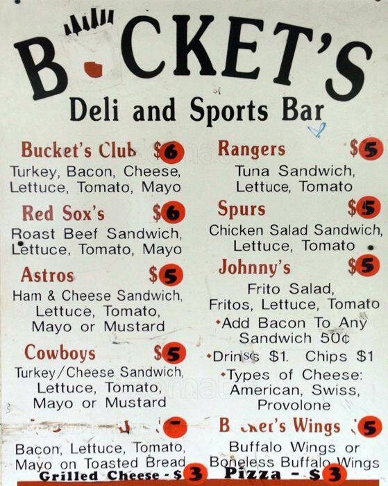 Menu at Bucket's pub & bar, Austin
