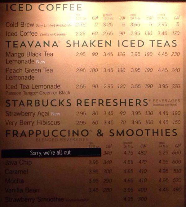 Carta del café Starbucks, Northbrook, 3840 Willow Rd