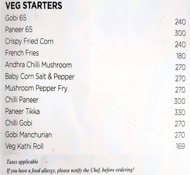 Menu of Zebra Crossing, Thuraipakkam, Chennai