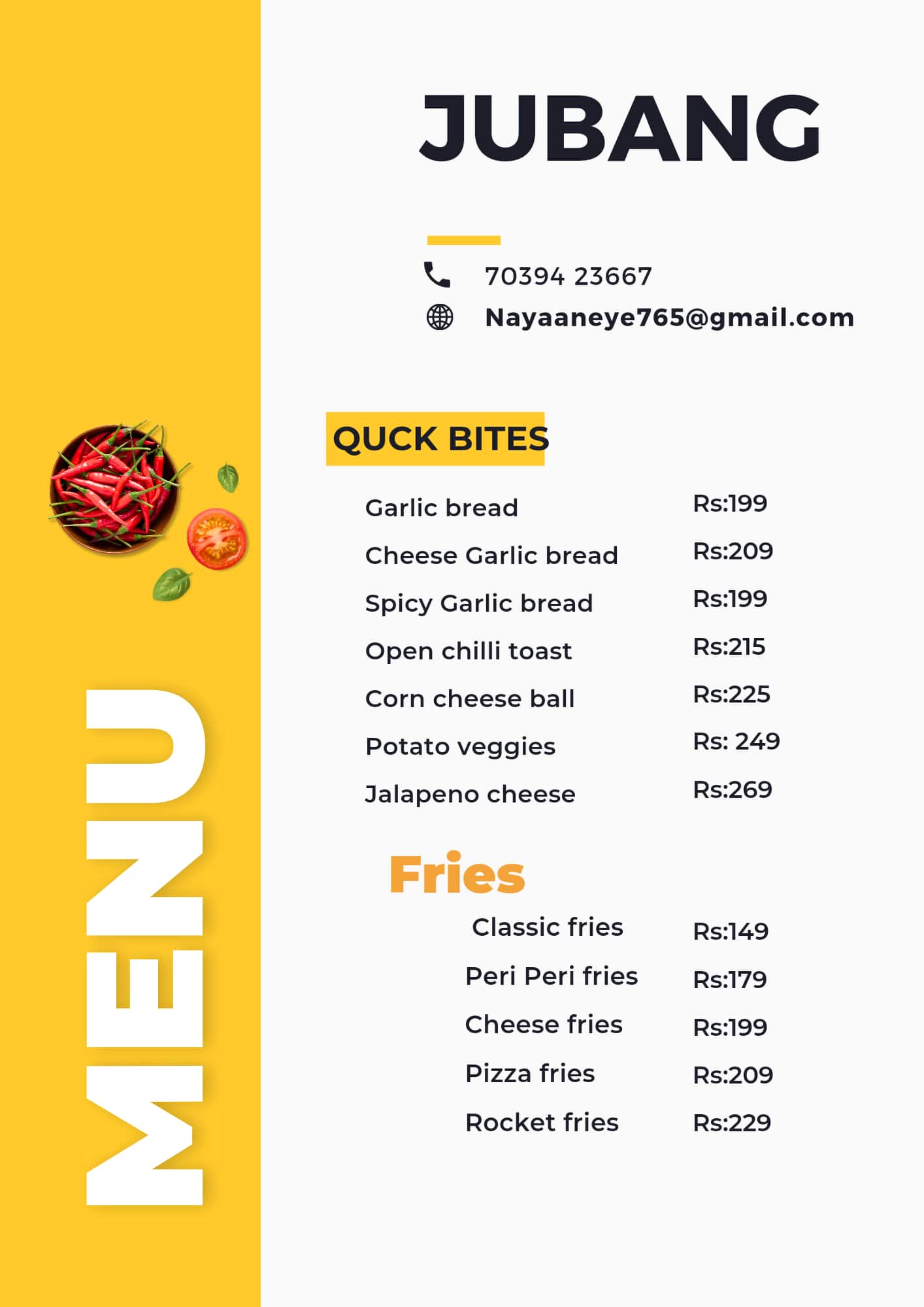 Menu of Jubang, Bhayandar, Mumbai