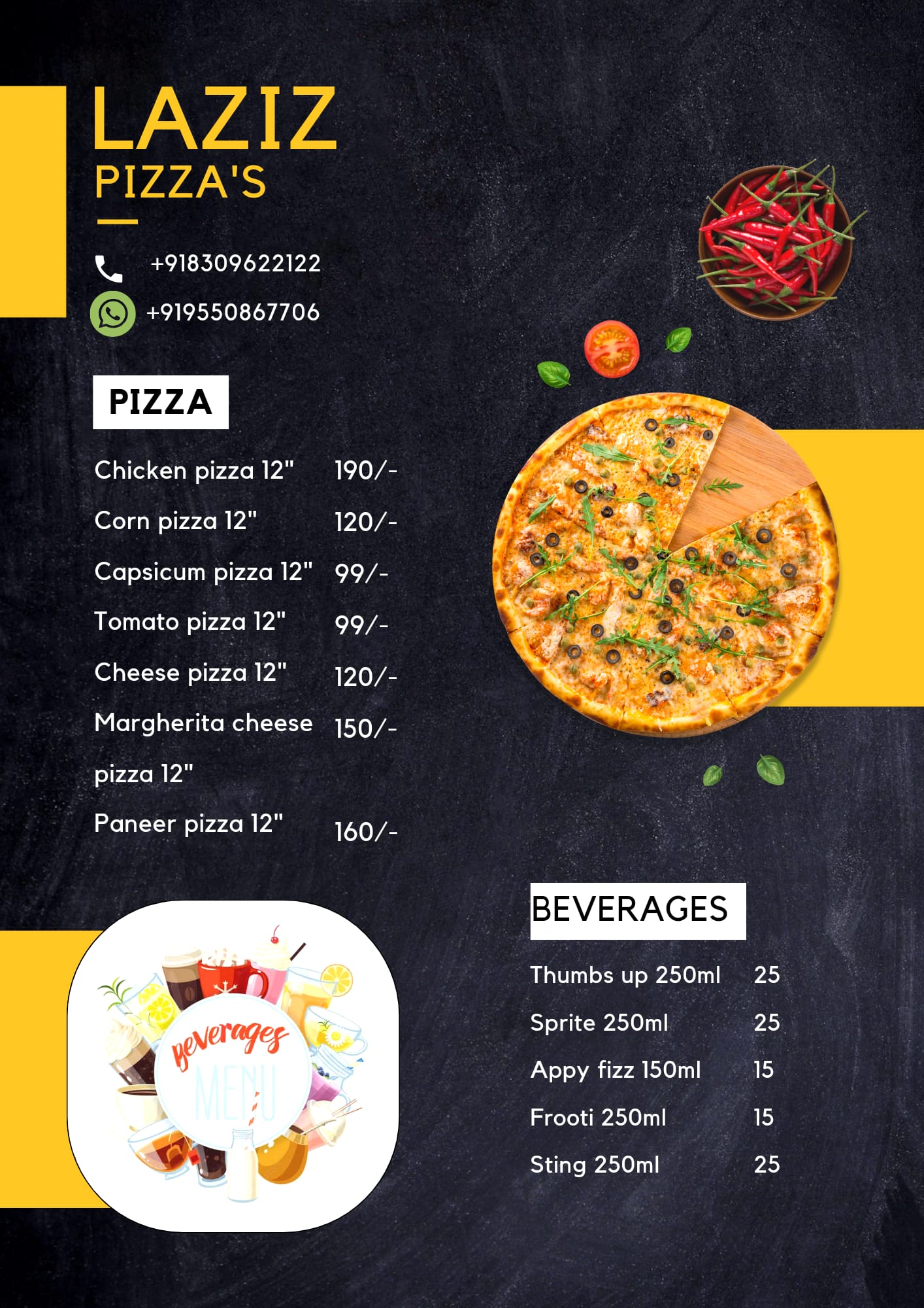 Menu of Laziz Pizza, Jeedimetla, Hyderabad