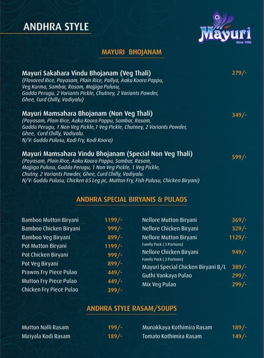Menu of Mayuri, Electronic City, Bangalore