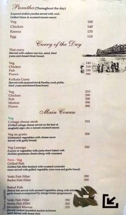 Menu at King's Landing, Kolkata