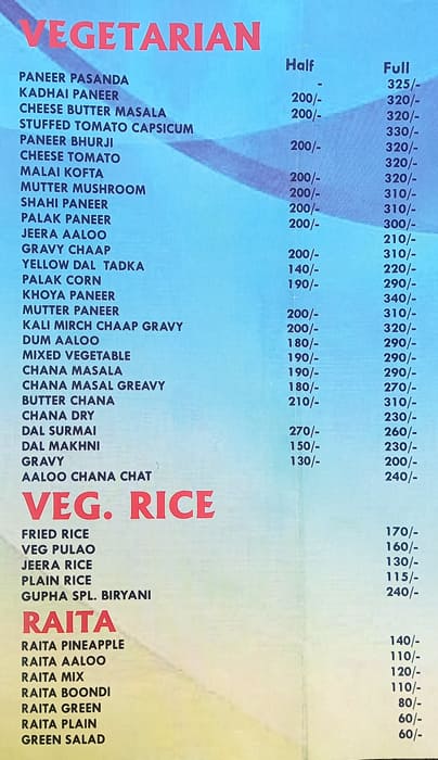 Menu of Gupha Restaurant, Ballabhgarh, Faridabad